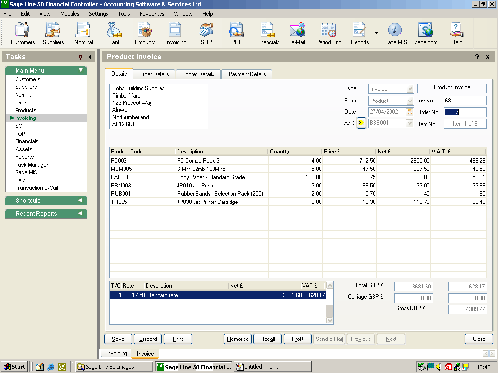 Sage Line 50 Product Invoice